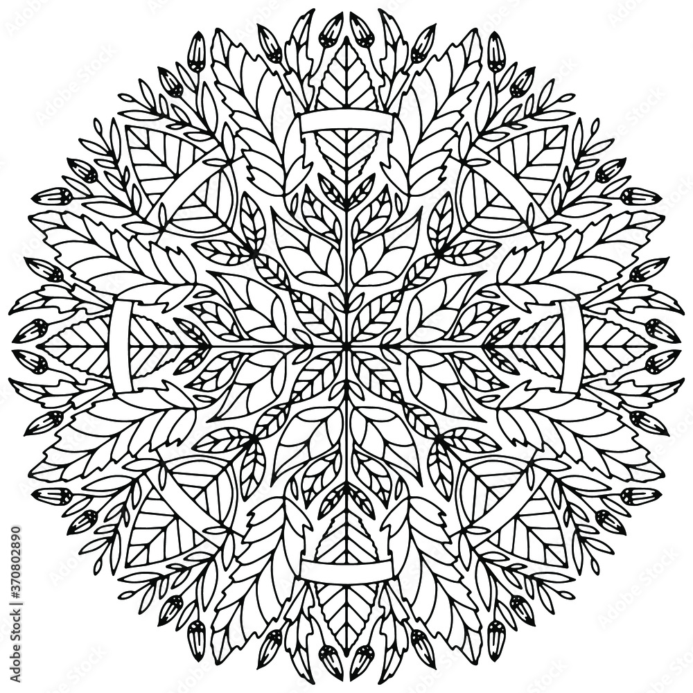 abstract leaf mandala drawn on a white background for coloring, vector ...