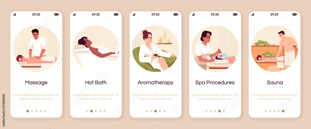 Spa resort procedures onboarding mobile app screen vector template. Hot ...