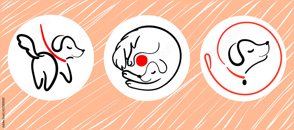 Dog walking service logo set in line style on round from leash. Happy ...