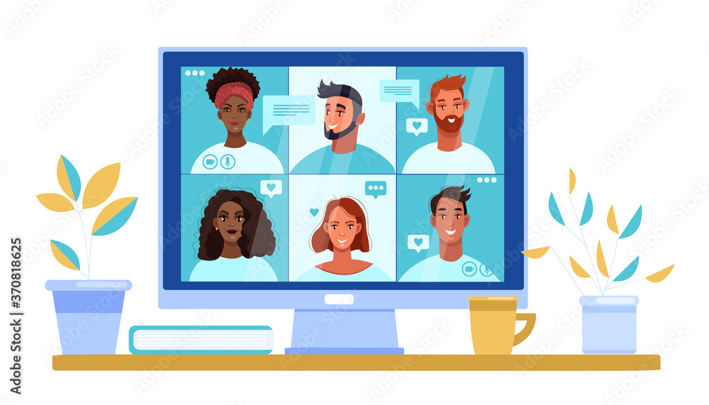 Video call illustration with diverse young people faces on computer ...