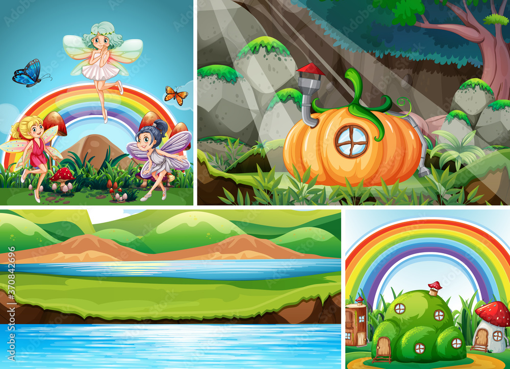 Four different scene of fantasy world with fantasy places and fantasy ...