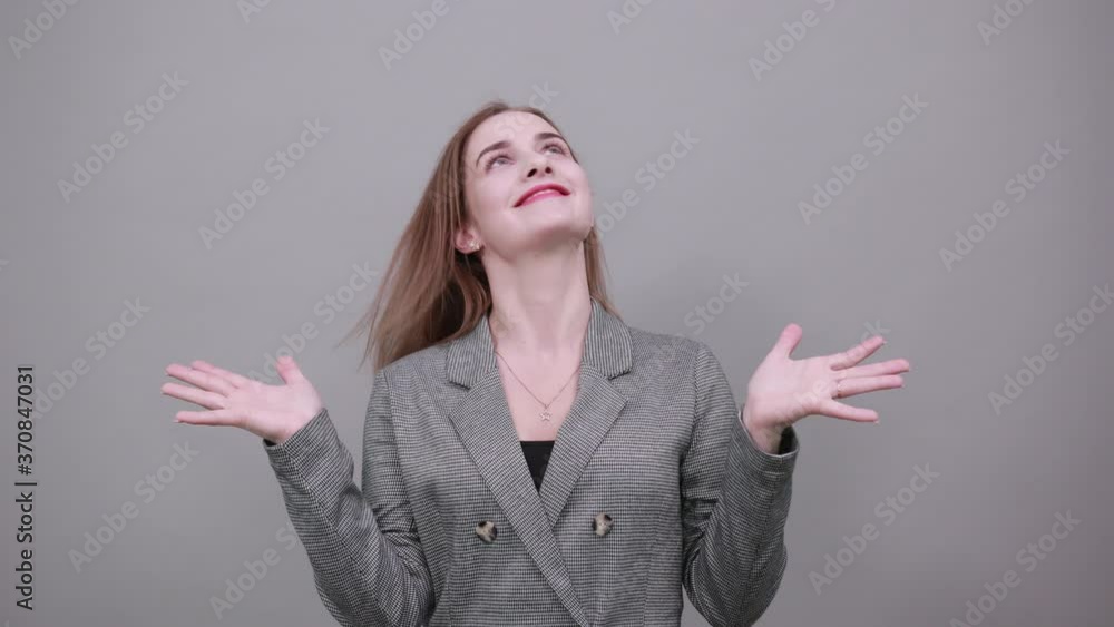 Eyes open wide, surprised look, delightfully plants hands, showing ...