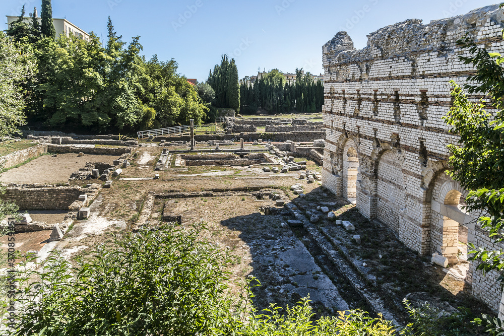 Roman ruins in Nice. Archeological Museum of Nice-Cimiez located on the ...