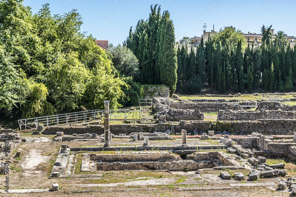 Roman ruins in Nice. Archeological Museum of Nice-Cimiez located on the ...