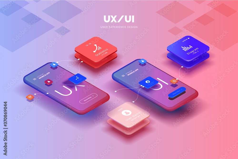 Toolkit-UI/UX scene creator. Mobile application design. Smartphone mockup with active blocks and ...