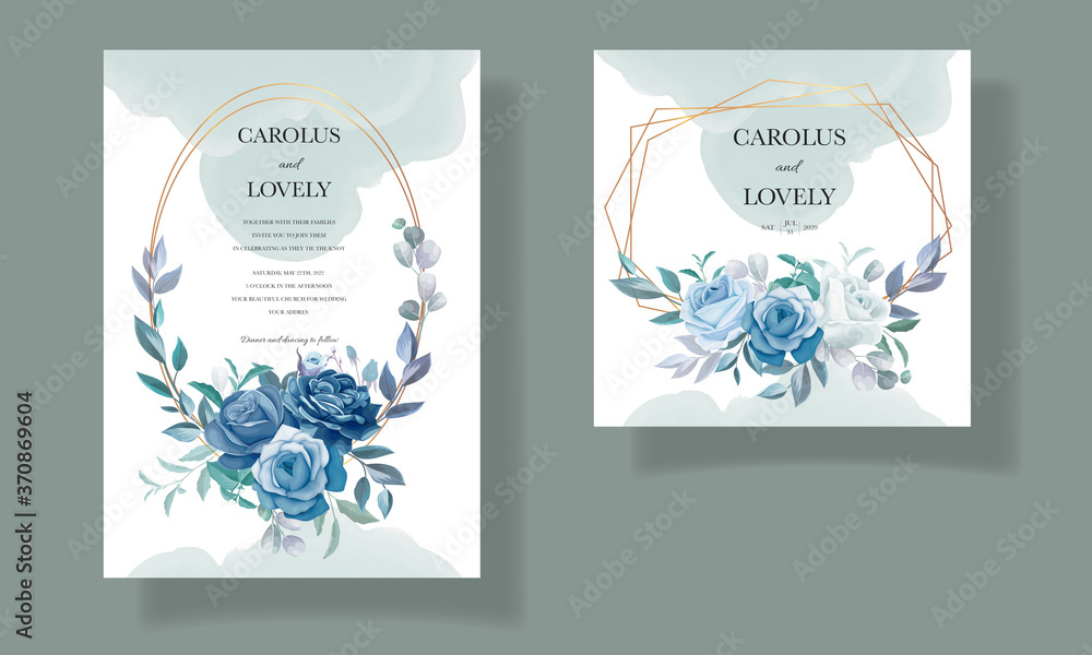 Blue wedding invitation template set with beautiful floral frame and ...