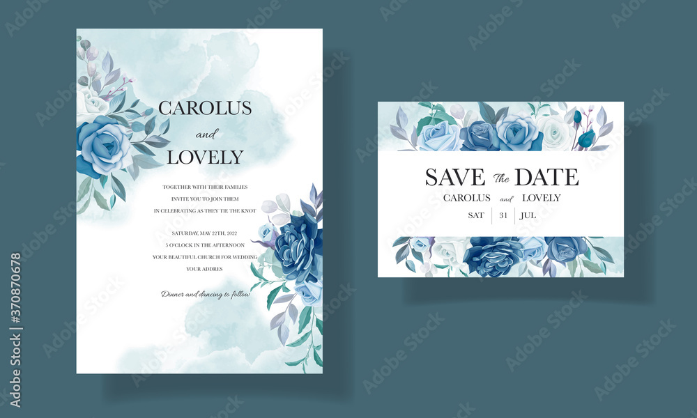 Blue wedding invitation template set with beautiful floral frame and ...