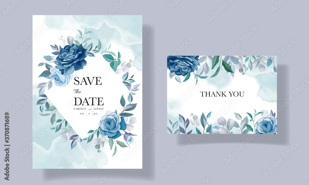 Blue wedding invitation template set with beautiful floral frame and ...