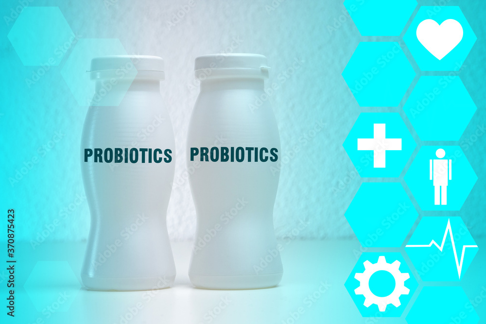 Probiotic foods yogurt. Inscription probiotics white bottles. Yogurt ...