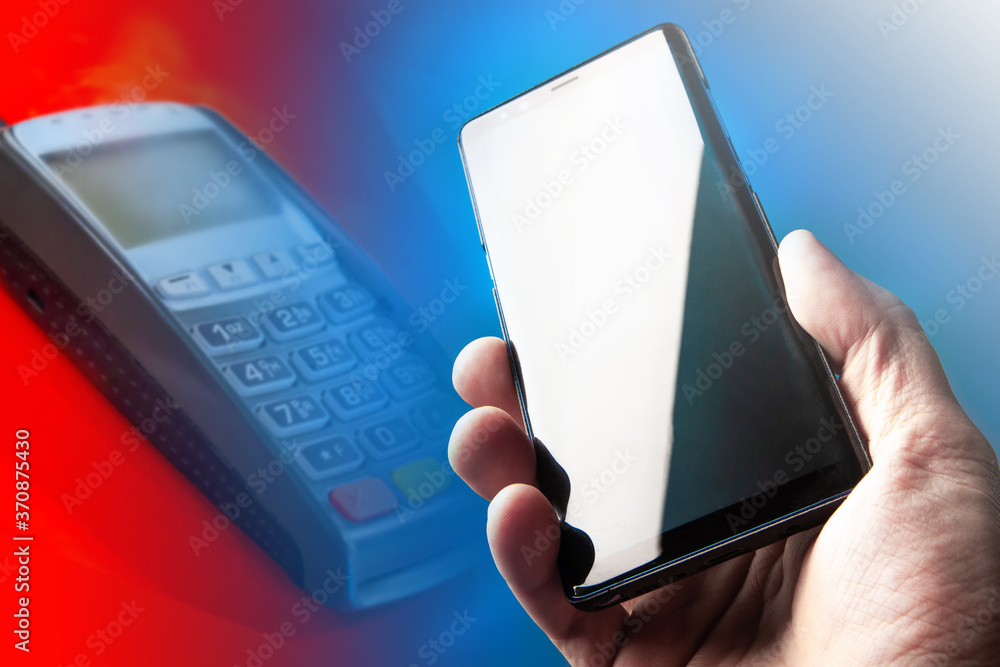 PayPass. PayWay payment. Use of contactless payments. Human applies a phone to the terminal ...