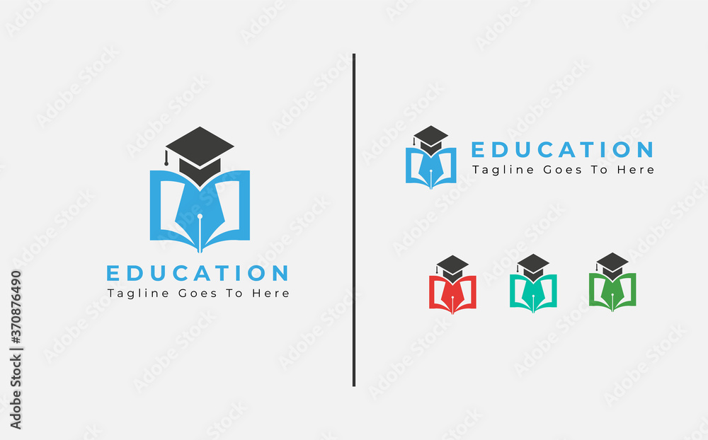 Education logo concept for tow happy kids stand on books as background ...