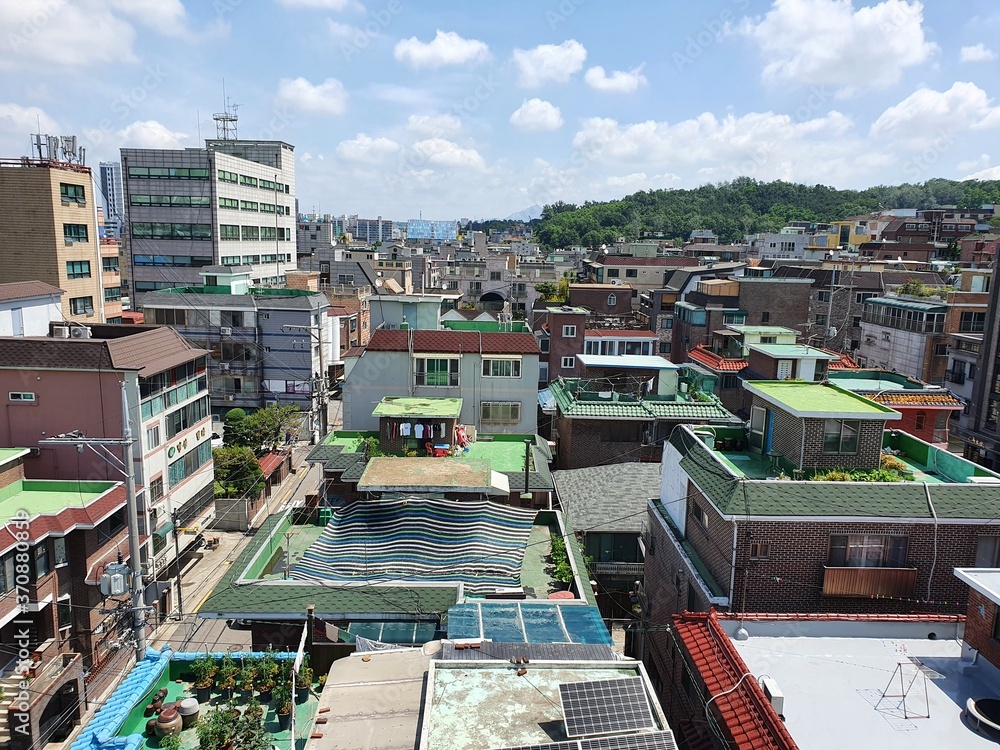 Arial view of old Seoul houses. Packed houses in south Korea and roof ...