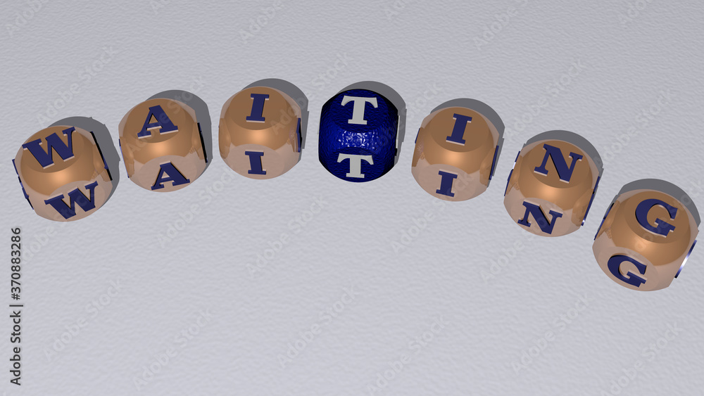 waiting curved text of cubic dice letters. 3D illustration. airport and ...