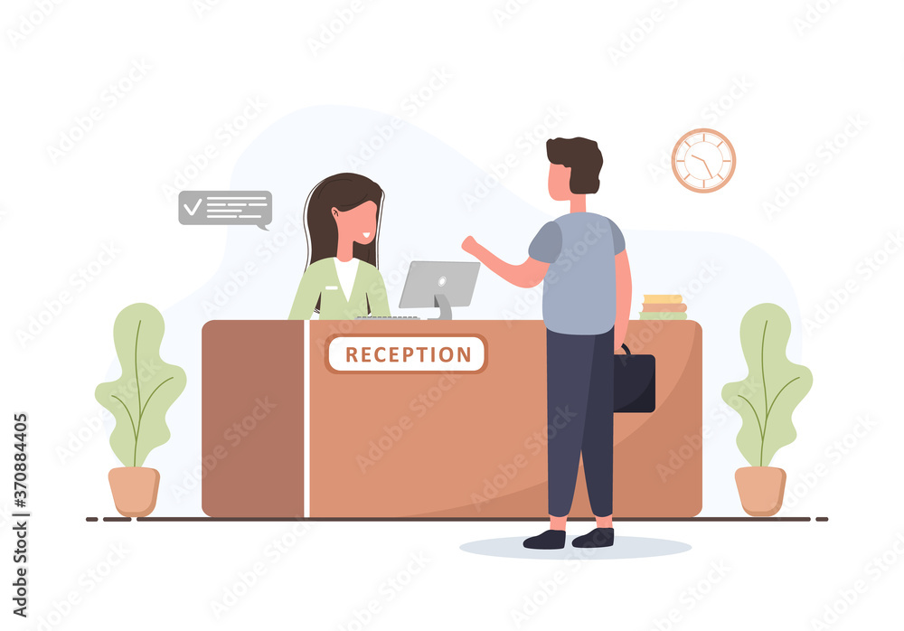 Reception interior. Young woman receptionist and man with briefcase at ...