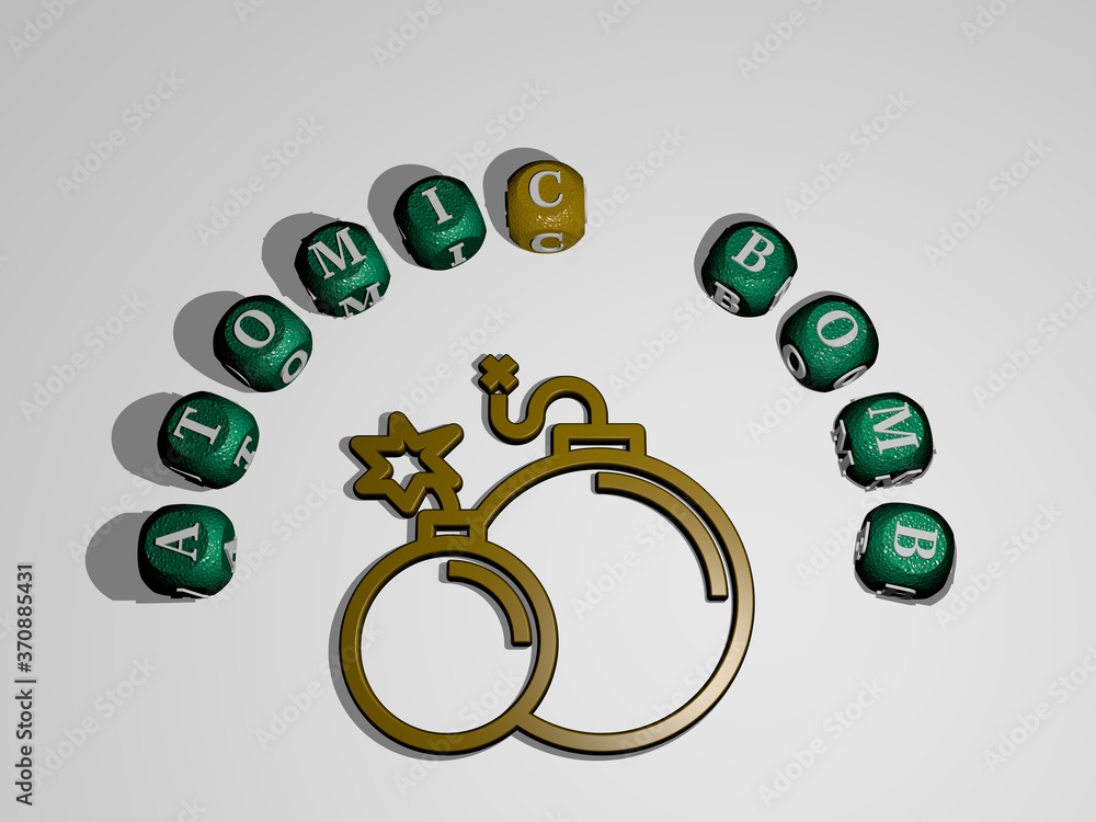 ATOMIC BOMB icon surrounded by the text of individual letters. 3D ...