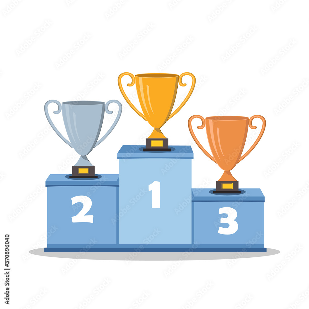 Winner's podium for athletes with three winning cups gold, silver and ...