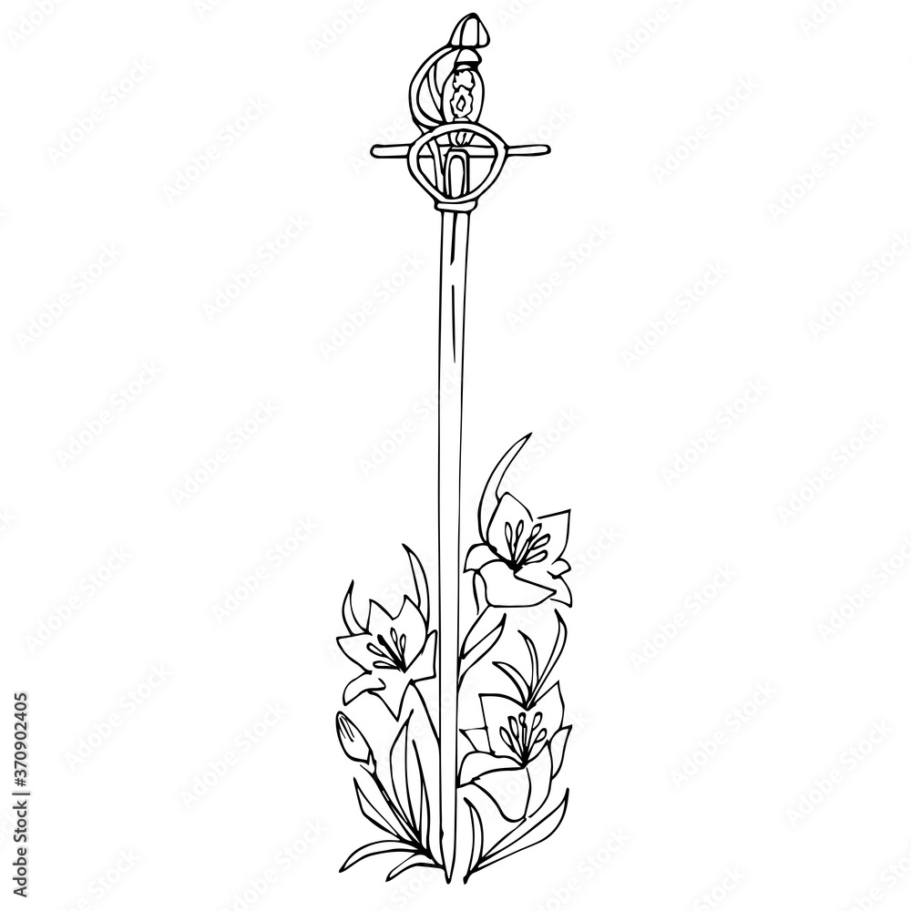 Vecteur Stock Vector drawing of an old sword with a figured handle. The ...
