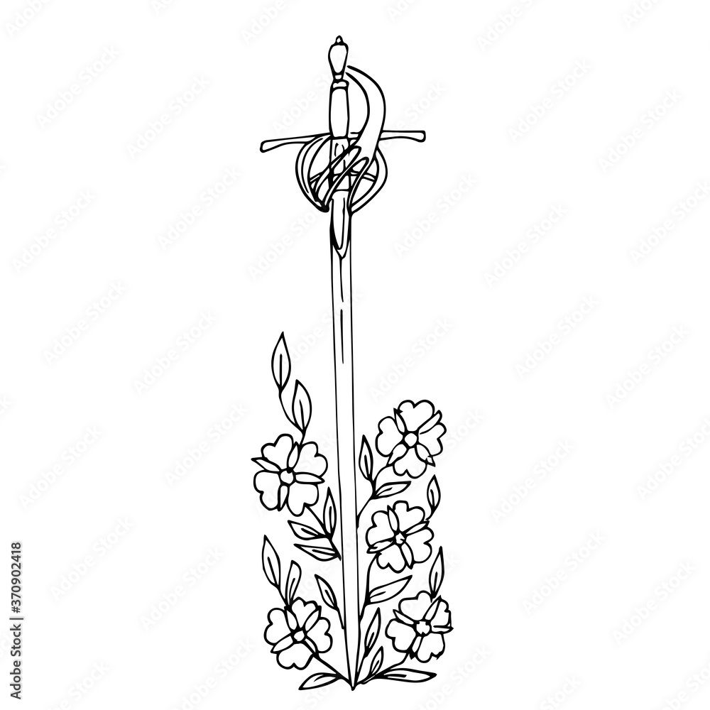 Vector drawing of an old sword with a figured handle. The outline ...