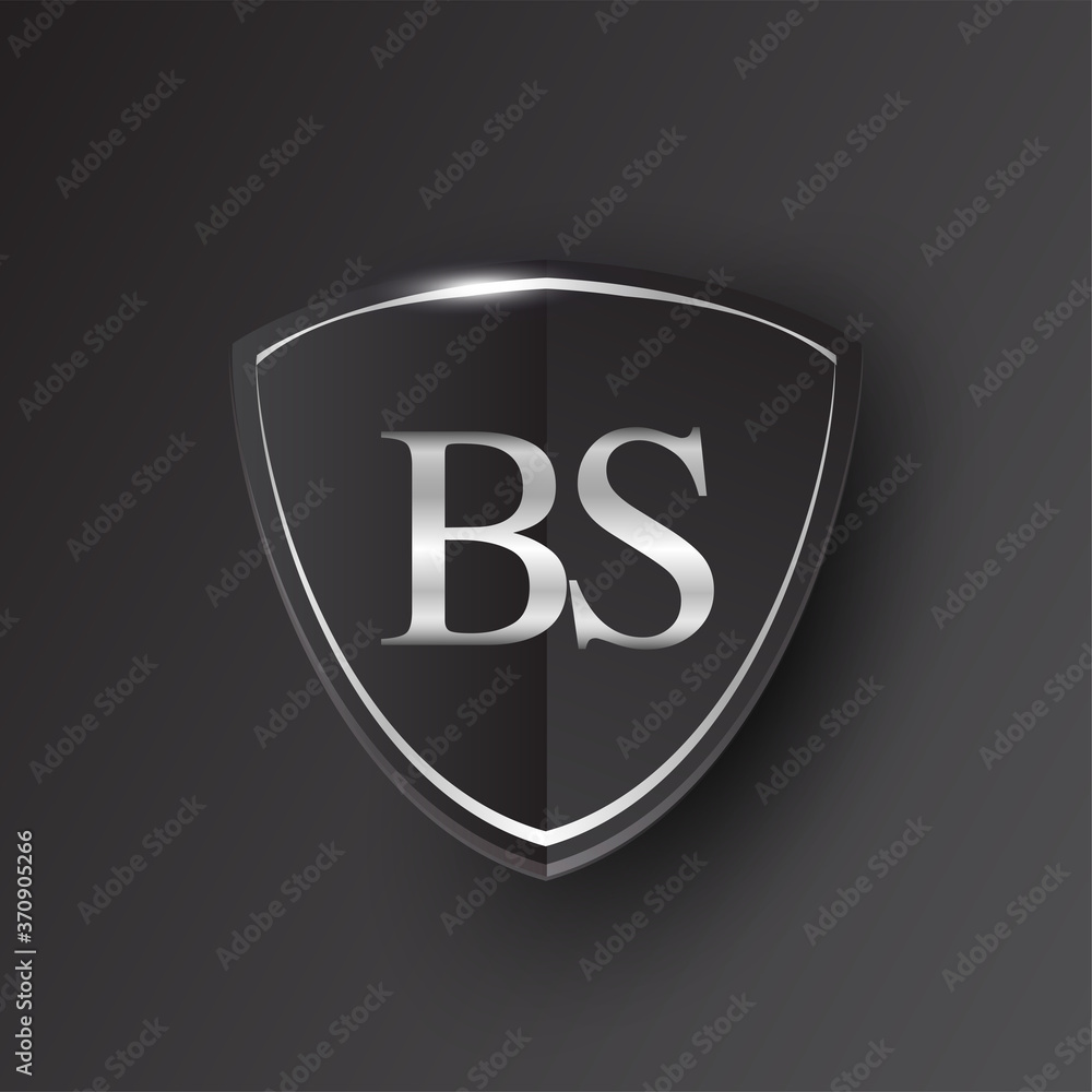Initial logo letter BS with shield Icon silver color isolated on black ...