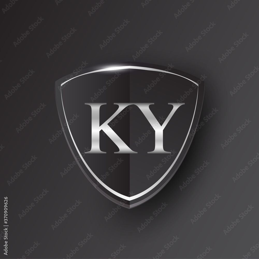 Initial logo letter KY with shield Icon silver color isolated on black ...