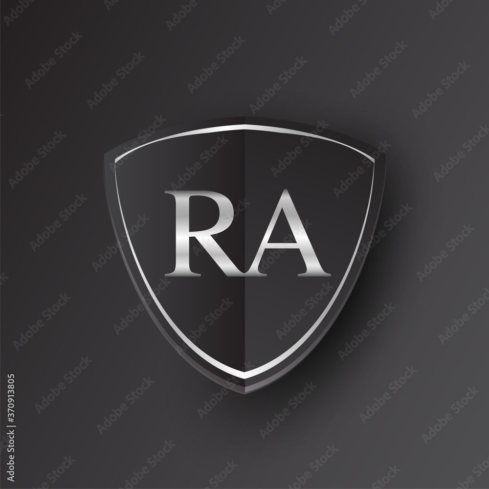 Initial logo letter RA with shield Icon silver color isolated on black ...