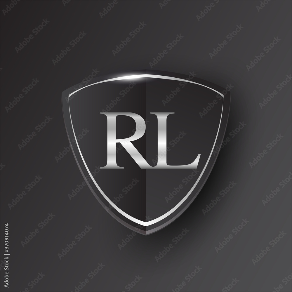 Initial logo letter RL with shield Icon silver color isolated on black ...