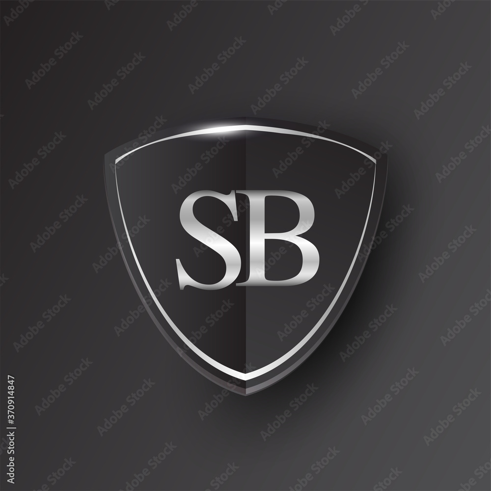 Initial logo letter SB with shield Icon silver color isolated on black ...