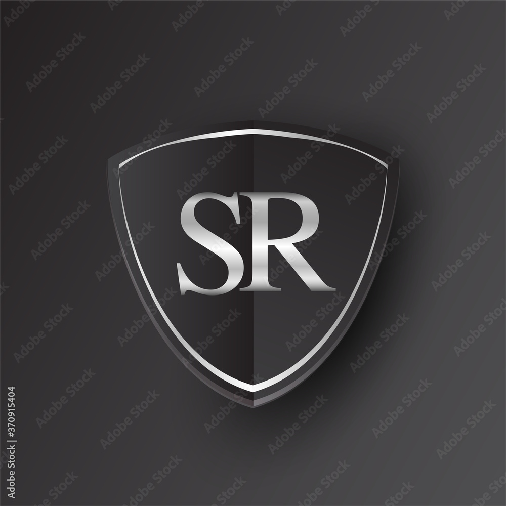Initial logo letter SR with shield Icon silver color isolated on black ...