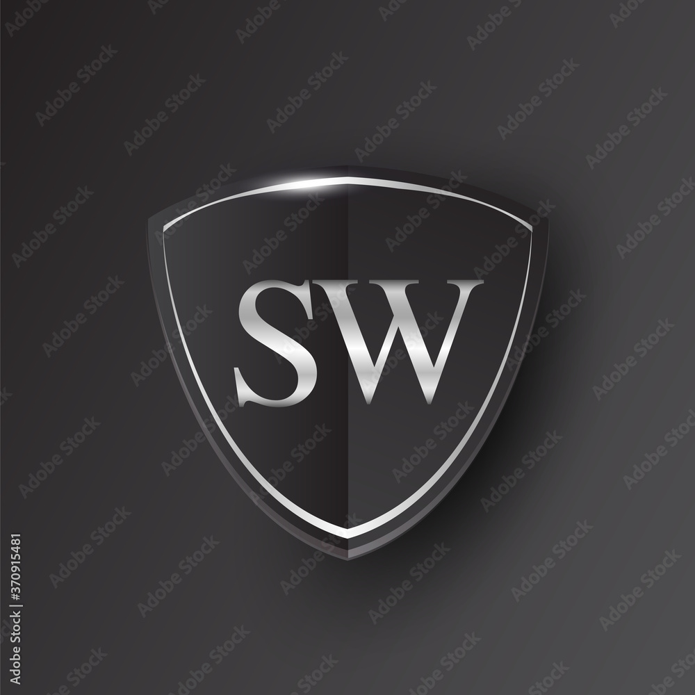 Initial logo letter SW with shield Icon silver color isolated on black ...