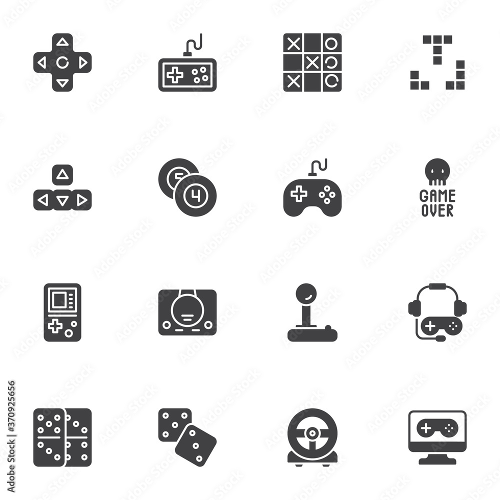 Gaming and entertainment vector icons set, modern solid symbol ...