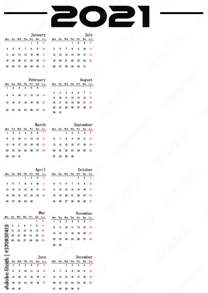 Calendar for 2021.12 months on one tab. Vertical two columns ...