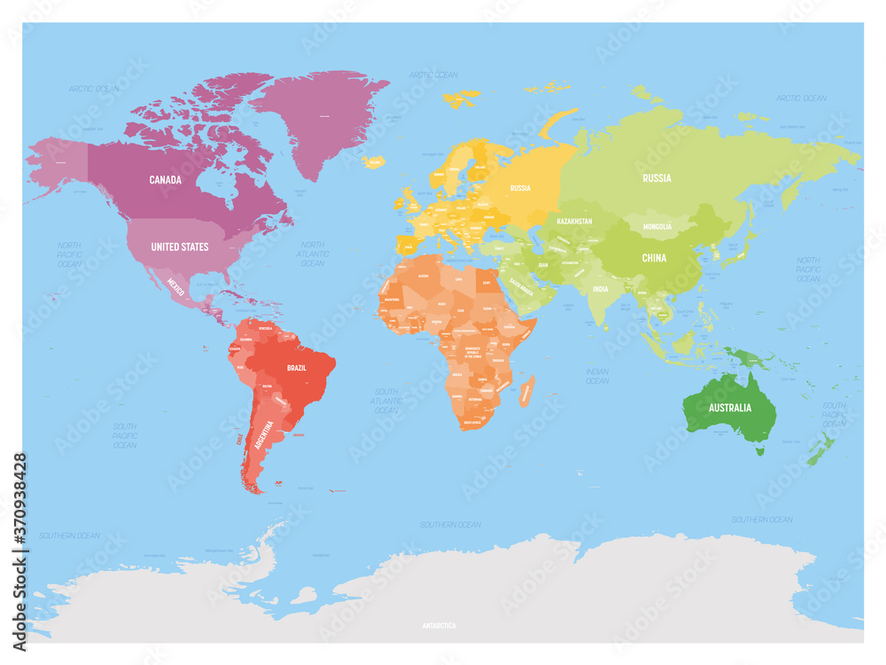 Colorful political map of World divided into six continents on blue ...