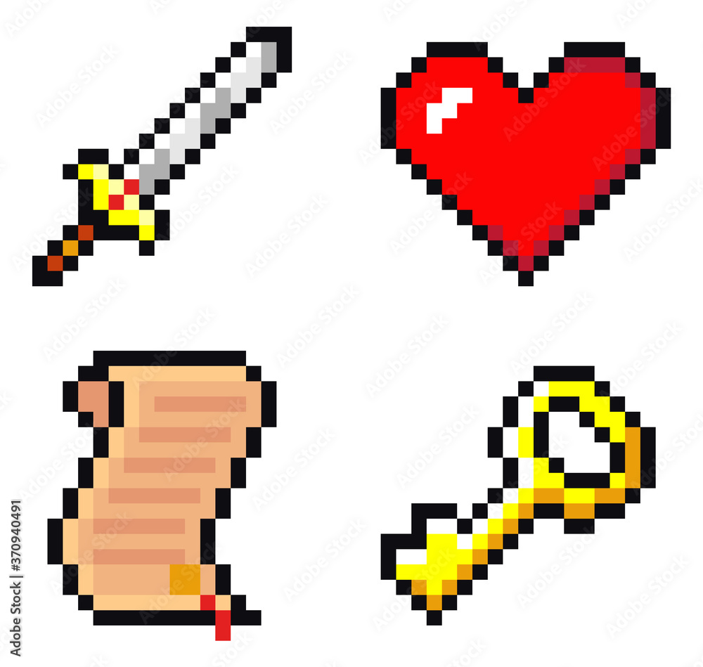 Icons set of sword, scroll, heart and key. Illustration of pixel art ...