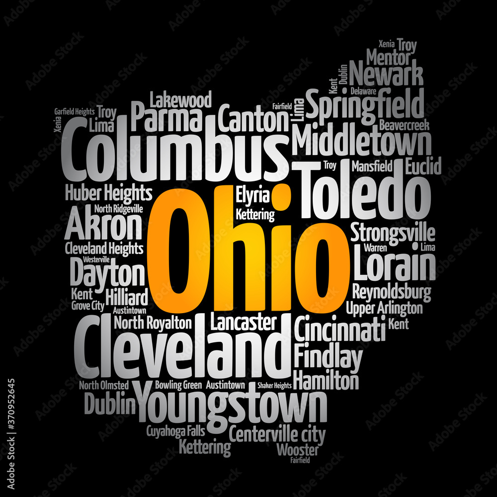 List of cities in Ohio USA state, map silhouette word cloud, map ...