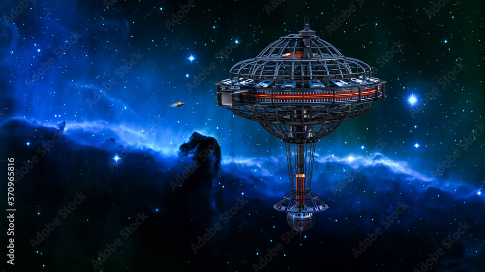 3D science fiction illustration. Space orbit station and spaceship ...