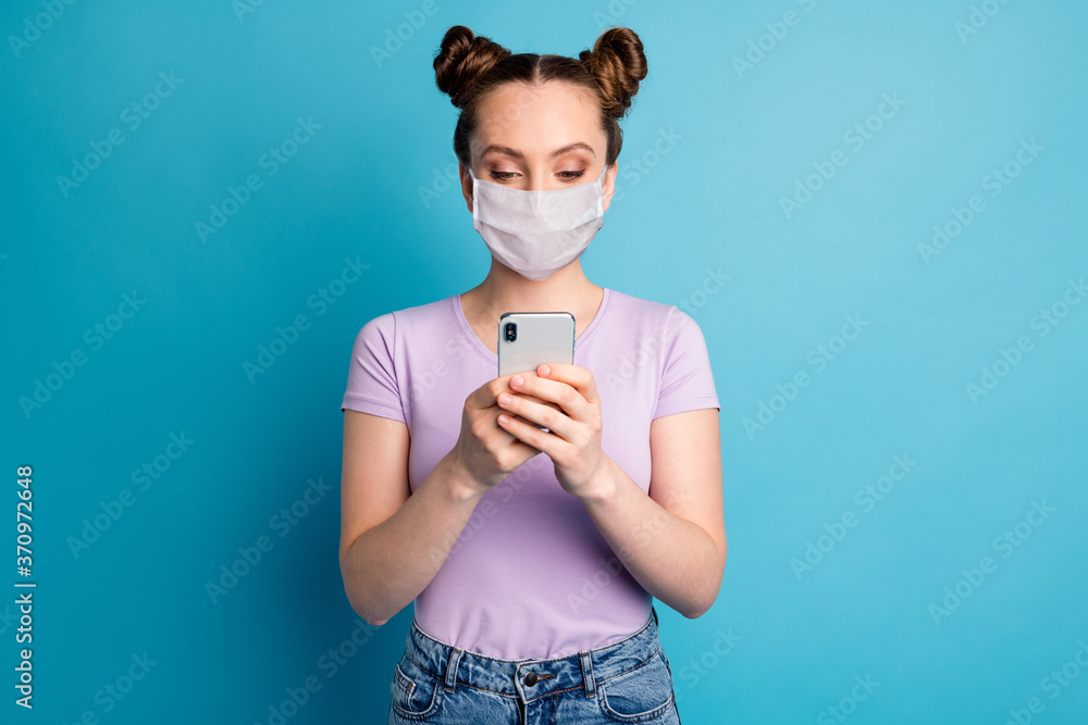 Portrait of her she attractive focused healthy girl wearing safety mask ...