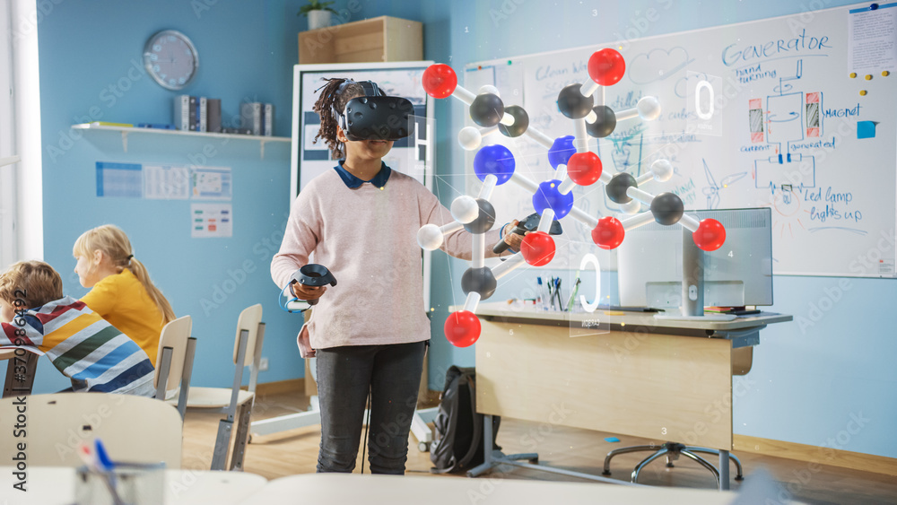 Cute Girl Wearing Augmented Reality Headset and Using Controllers ...