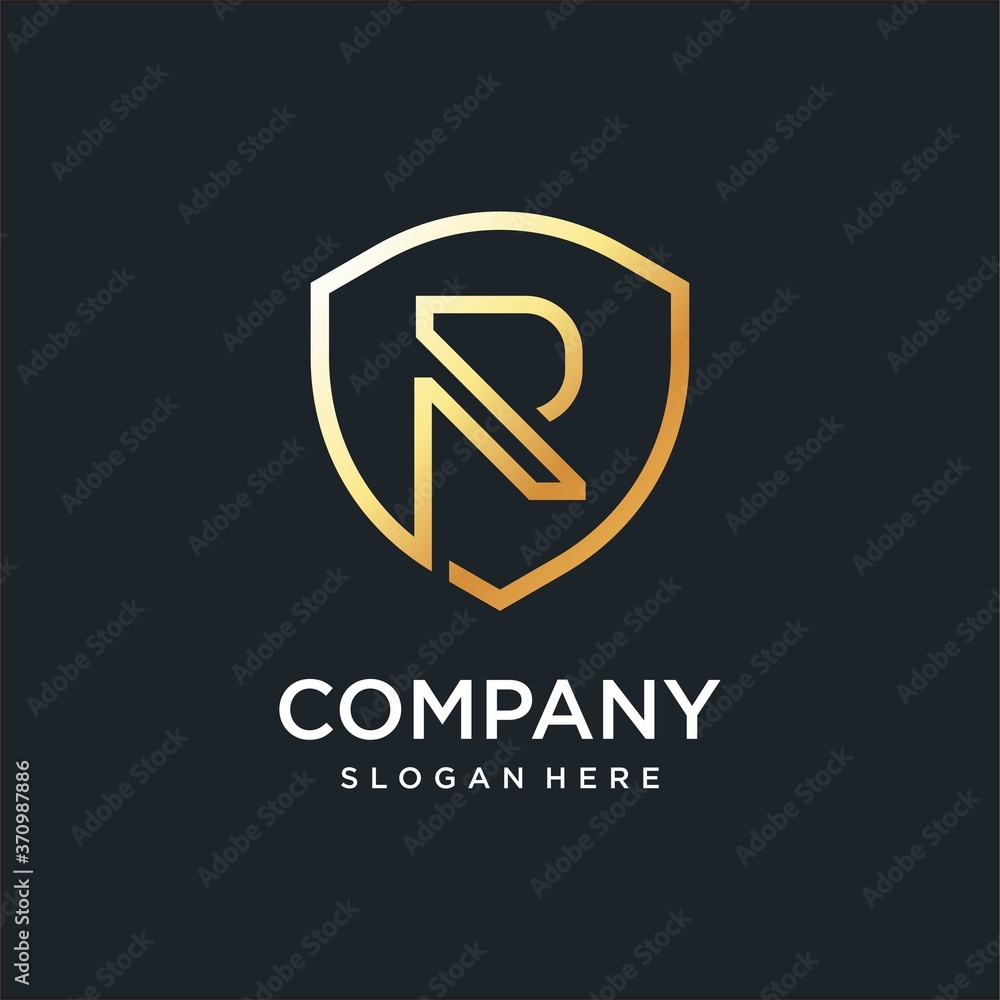R logo with golden shiled concept type R2, luxury, corporate, expensive ...