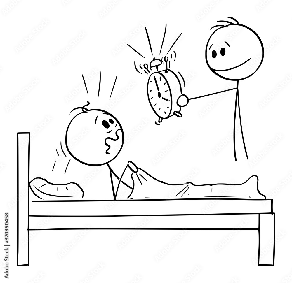 Vector cartoon stick figure drawing conceptual illustration of man wake ...