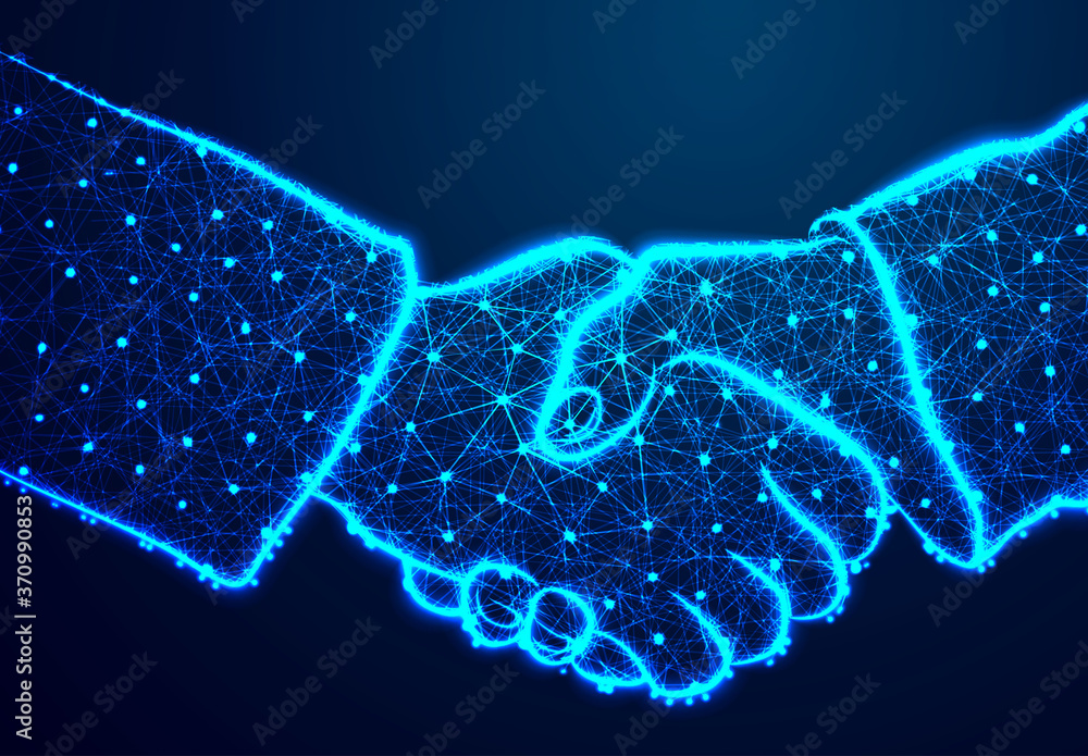 Hand shake. Abstract low poly, Triangle, dot, line, polygon. Shine blue ...