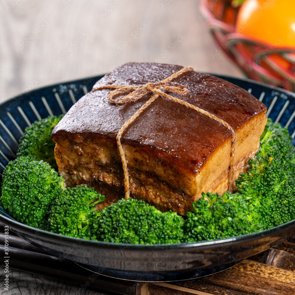 Dong Po Rou (Dongpo pork meat) in a beautiful blue plate with green ...