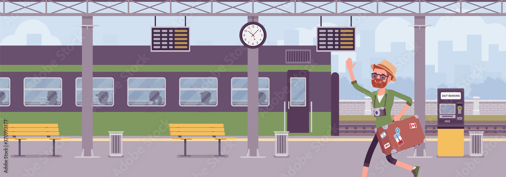 Man missing train, hurrying at trainstation. Male tourist, unfortunate ...