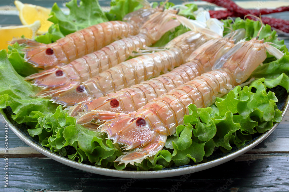 canocchie, o cicale di mare crude in piatto su letto di insalata verde ...