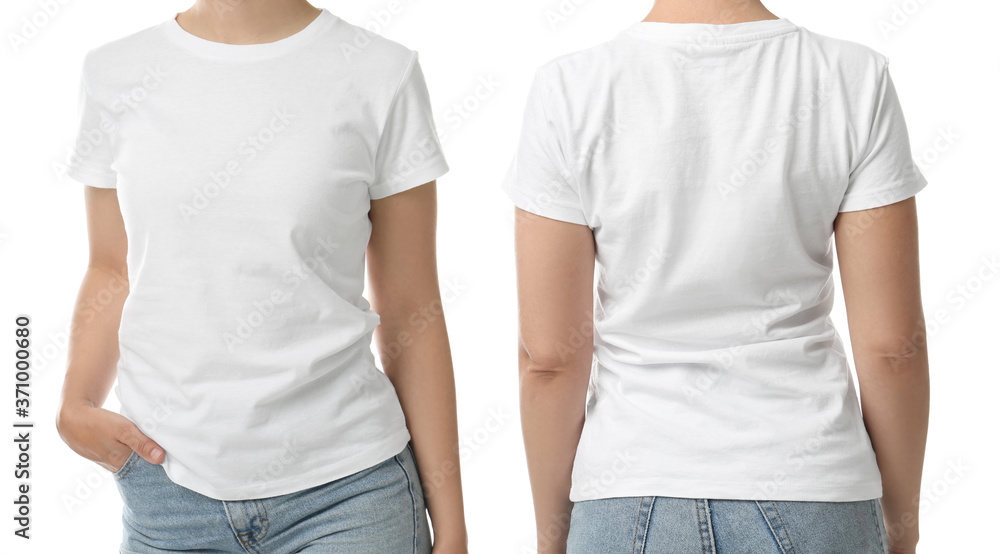 Woman in t-shirt on white background, closeup with back and front view ...