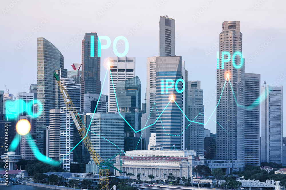 IPO icon hologram over panorama city view of Singapore, the hub of ...