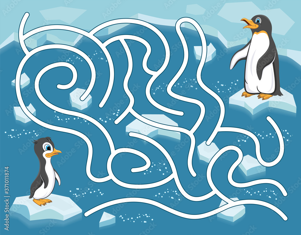 Maze game with penguins on ice floes. Help the baby penguin to get to ...