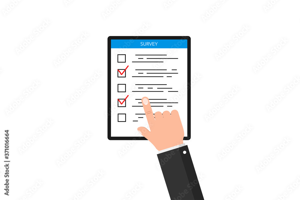 Online survey form. Clicking hand with checklist. Questionnaire list ...