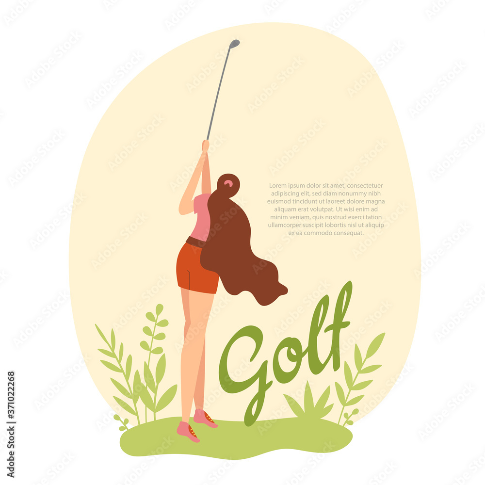 Woman golfer hits the ball with a club on golf course. Vector flat hand ...