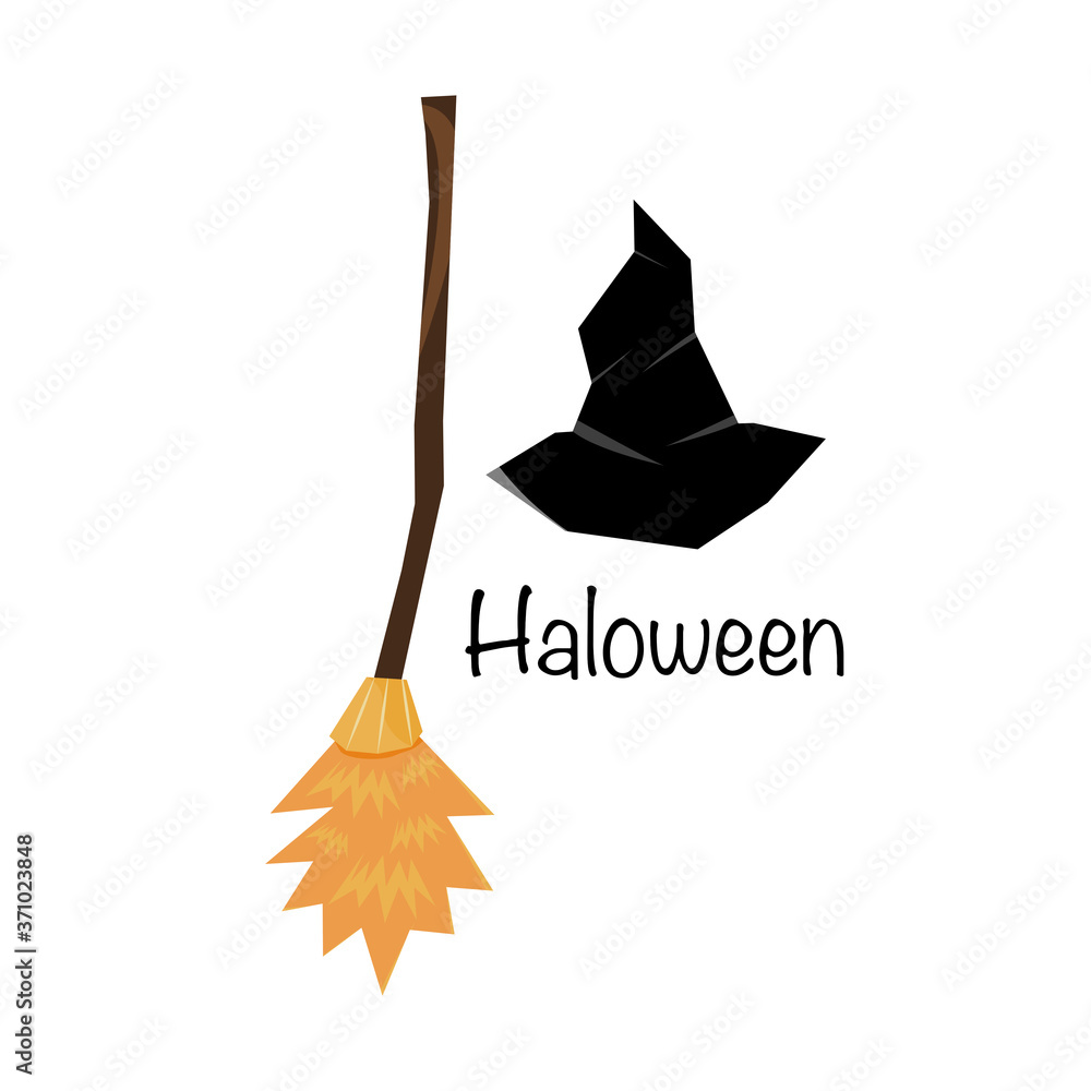 Illustration of a witch's broom and hat on a white background ...