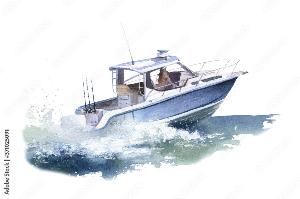 A speedboat (motorboat) at sea hand drawn in watercolor isolated on a ...